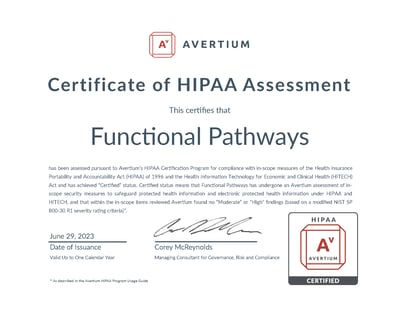 Functional Pathways Certificate of HIPAA Assessment