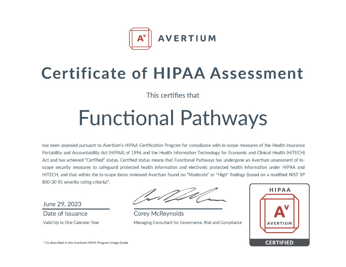Functional Pathways Certificate of HIPAA Assessment