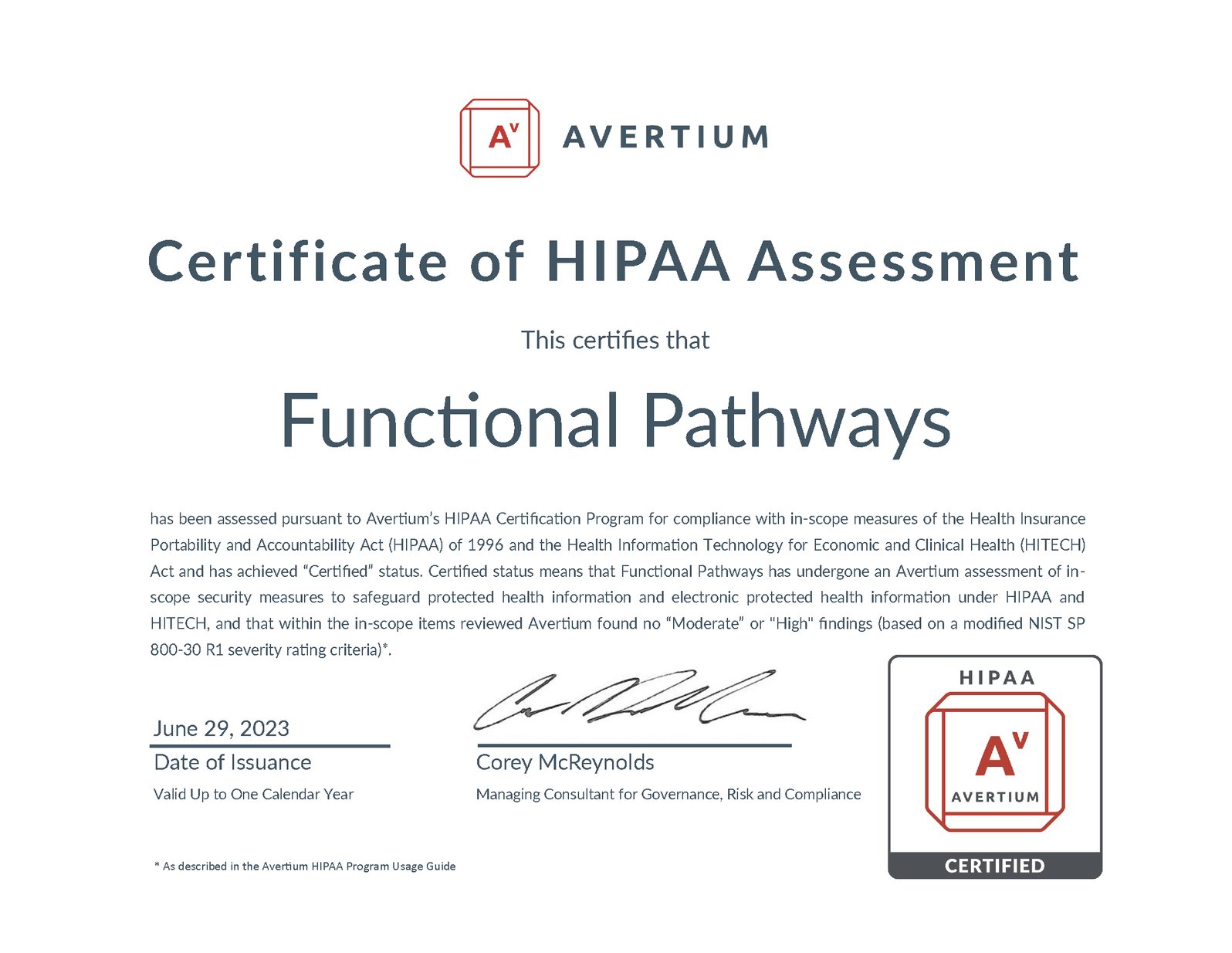 Functional Pathways Certificate of HIPAA Assessment Functional Pathways Certificate of HIPAA Assessment